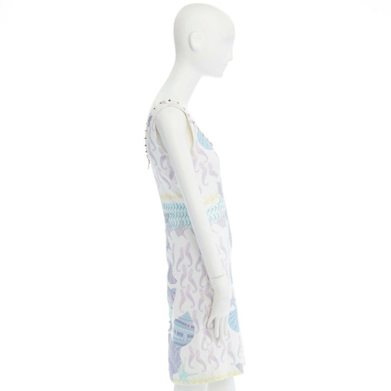 VERSACE SS12 white seashell print gold studded scoop neck sheath dress ...