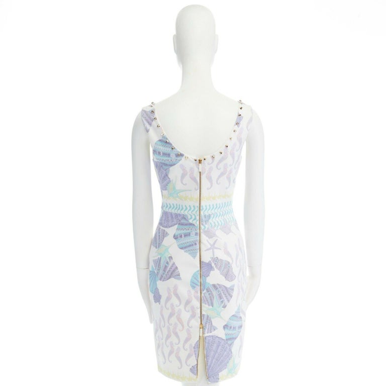 VERSACE SS12 white seashell print gold studded scoop neck sheath dress ...
