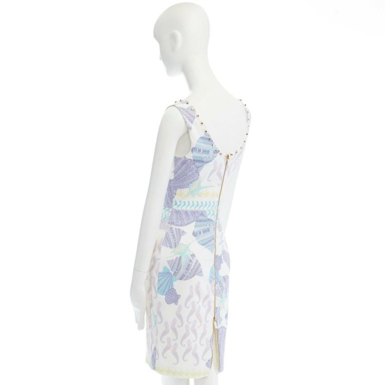 VERSACE SS12 white seashell print gold studded scoop neck sheath dress ...