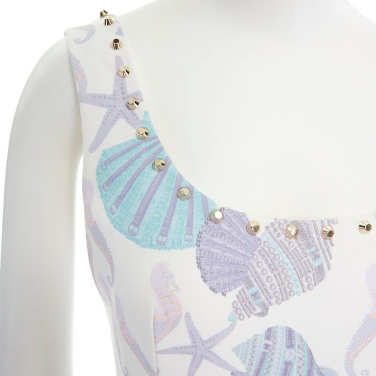 VERSACE SS12 white seashell print gold studded scoop neck sheath dress ...