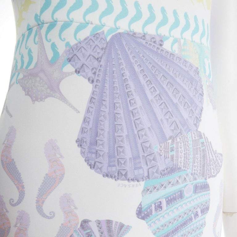 VERSACE SS12 white seashell print gold studded scoop neck sheath dress ...
