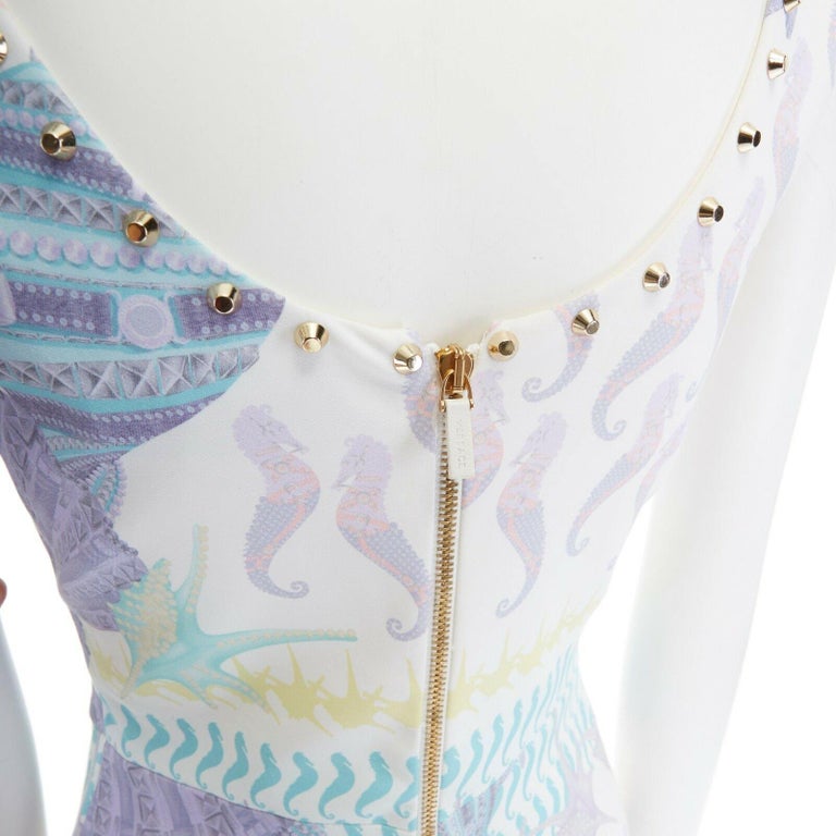 VERSACE SS12 white seashell print gold studded scoop neck sheath dress ...