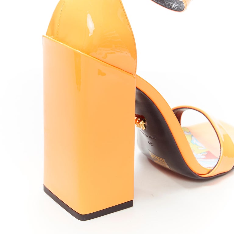 VERSACE SS19 Runway neon orange open toe square chunky heel sandals ...