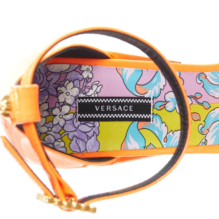 VERSACE SS19 Runway neon orange open toe square chunky heel sandals ...