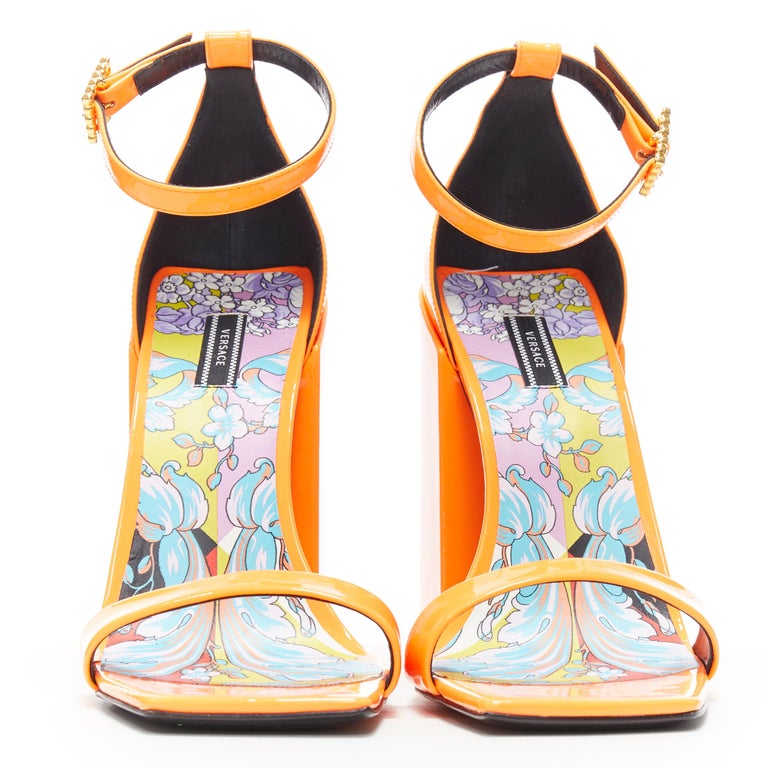 VERSACE SS19 Runway neon orange open toe square chunky heel sandals ...