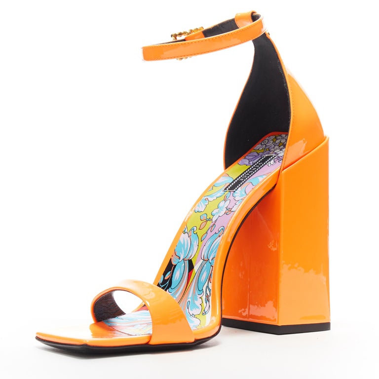 VERSACE SS19 Runway neon orange open toe square chunky heel sandals ...