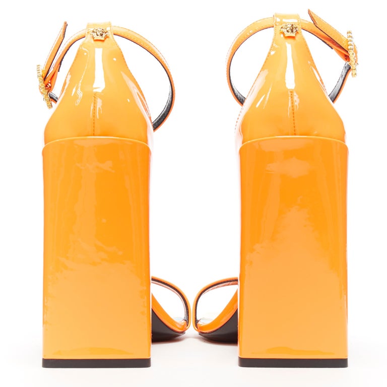 VERSACE SS19 Runway neon orange open toe square chunky heel sandals ...