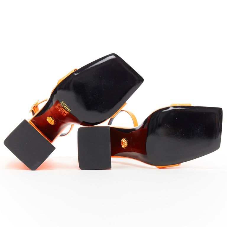 VERSACE SS19 Runway neon orange open toe square chunky heel sandals ...
