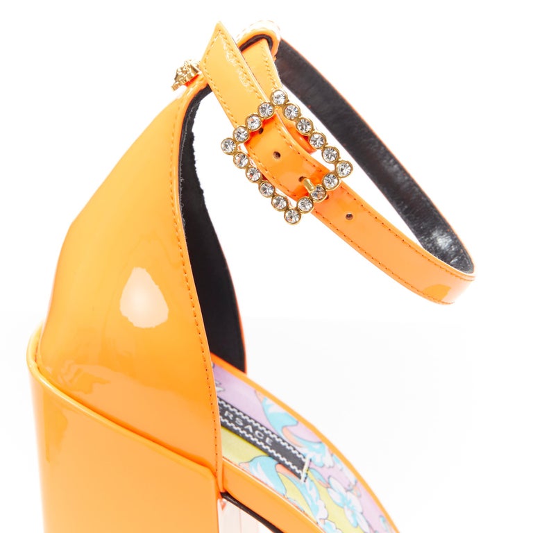 VERSACE SS19 Runway neon orange open toe square chunky heel sandals ...