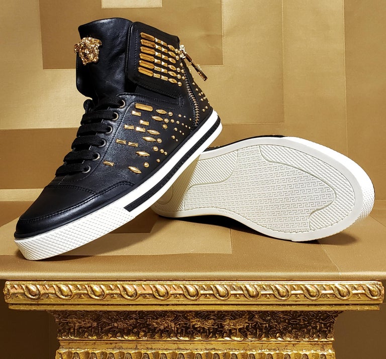 VERSACE STUDDED HIGH-TOP SNEAKERS with GOLD MEDUSA side ZIPPER at ...