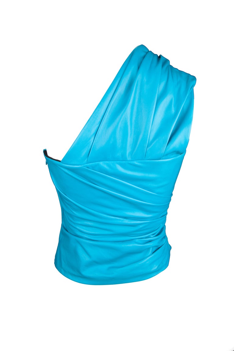 Versace Turquoise Leather One Shoulder Ruched Bustier Blue Top Size 40 ...