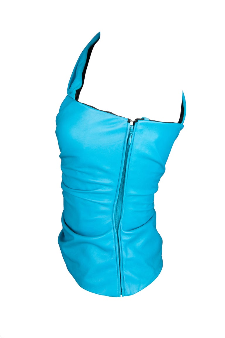 Versace Turquoise Leather One Shoulder Ruched Bustier Blue Top Size 40 ...