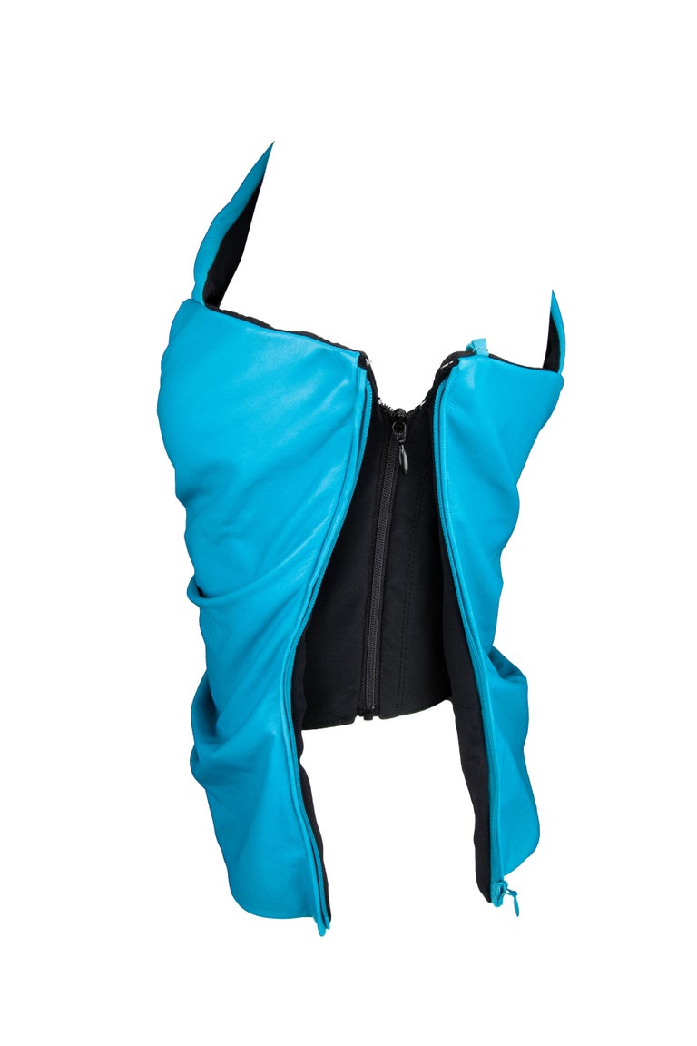 Versace Turquoise Leather One Shoulder Ruched Bustier Blue Top Size 40 ...