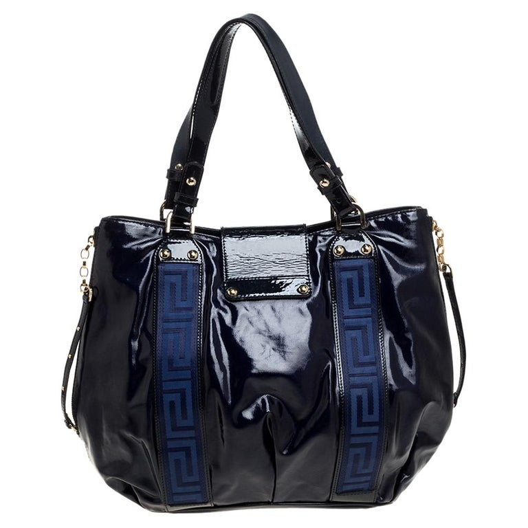 Versace Two Tone Blue Patent Vinyl and Leather Side Zip Tote at 1stDibs