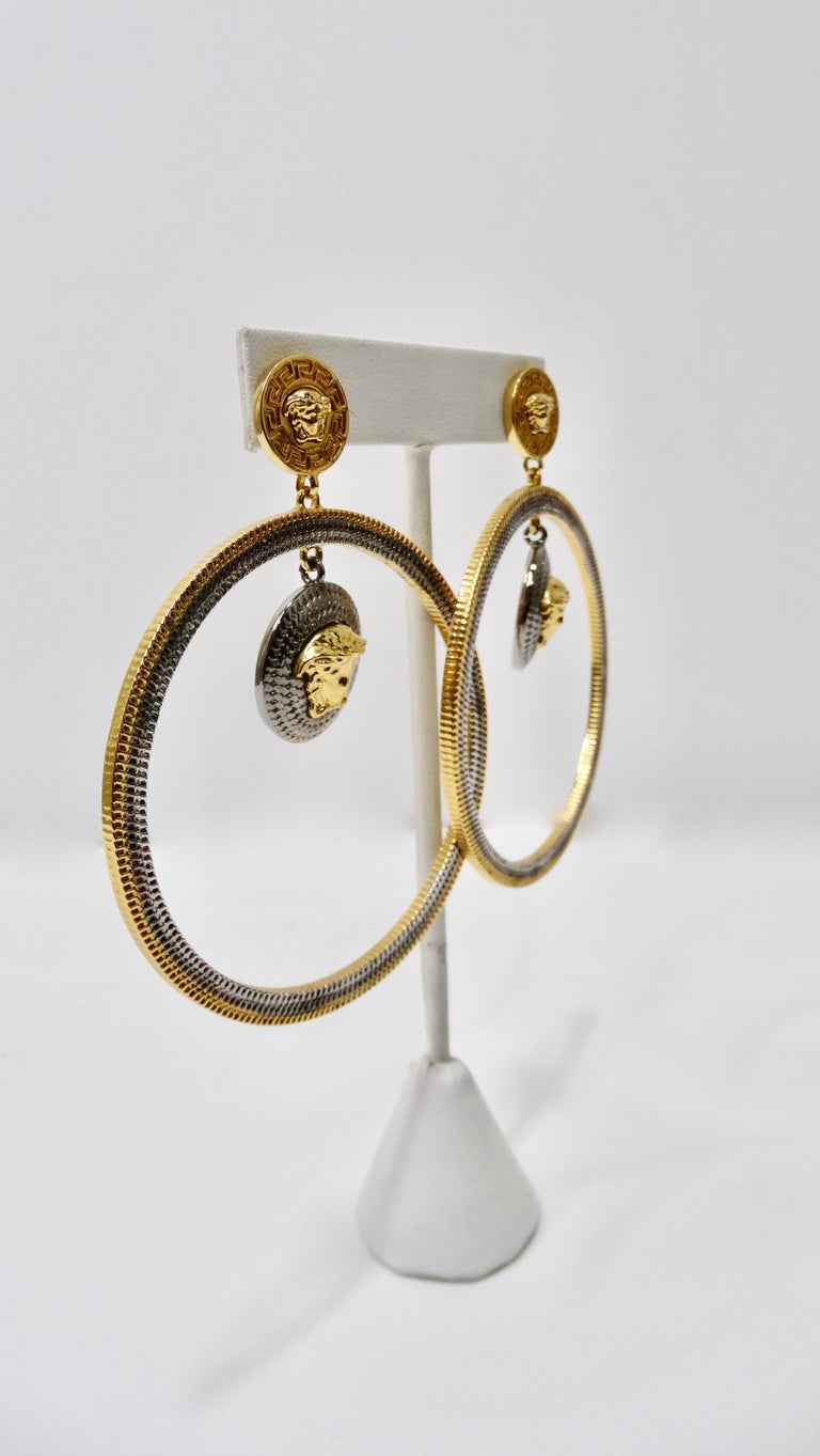 Versace Two Tone Medusa Hoop Earrings at 1stDibs | versace earrings hoops