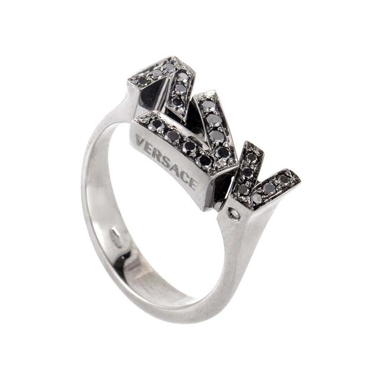 Versace V-Divine 18 Karat White Gold Black Diamond Band Ring at 1stDibs