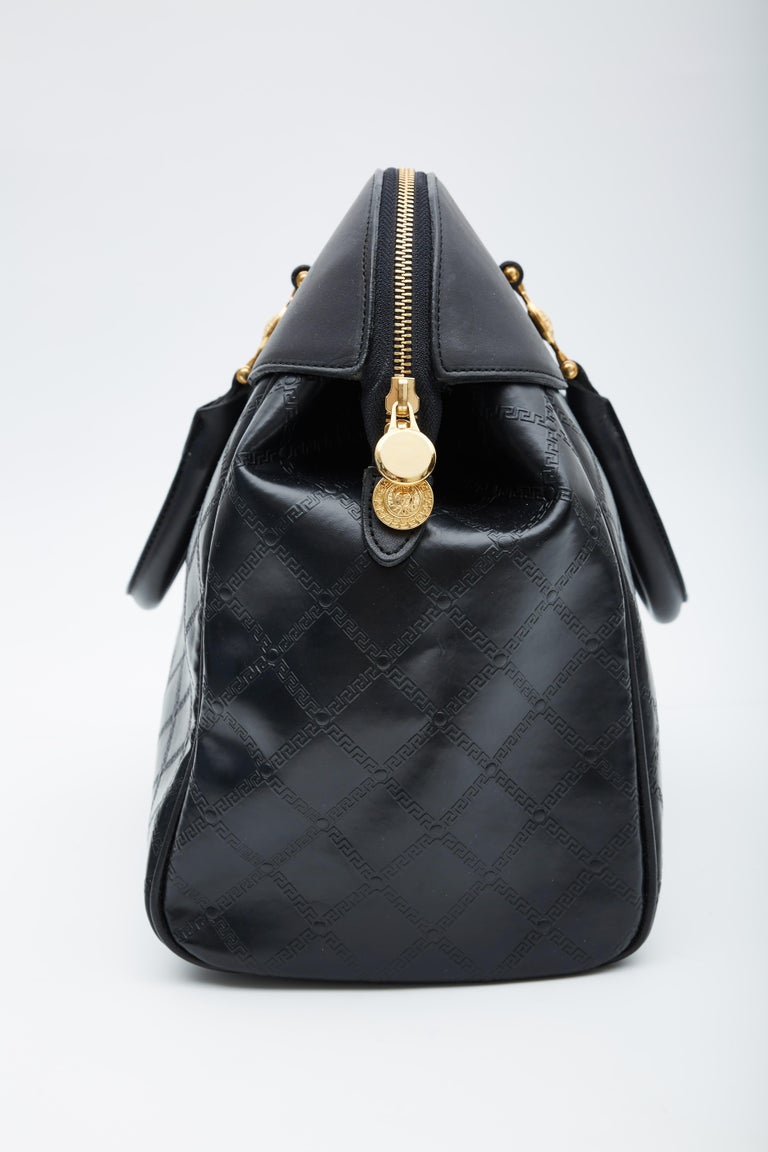 Versace Vintage Black Leather Motif Embossed Briefcase Weekend Bag For ...