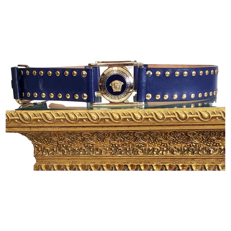 VERSACE VINTAGE BLUE STUDDED LEATHER MEDUSA BUCKLE Belt 70/28 For Sale ...
