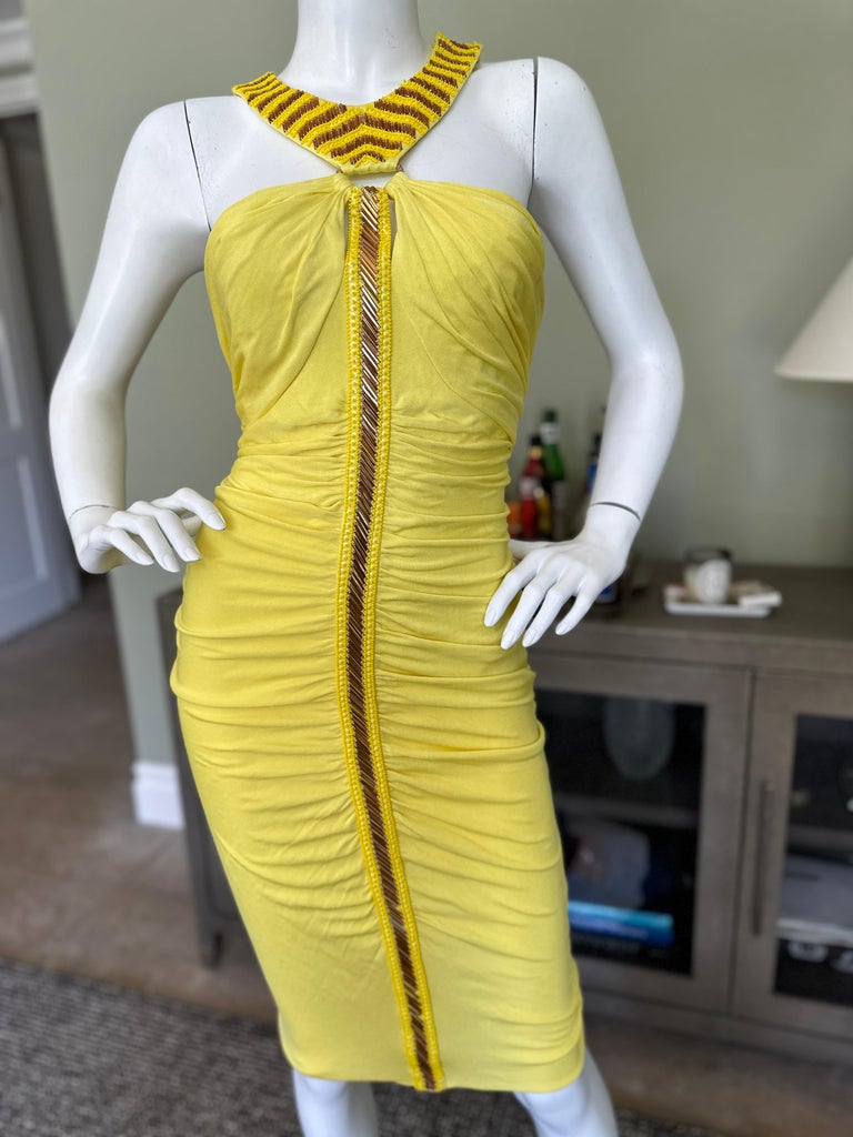 Versace Vintage Lemon Yellow Ruched Dress with Bugle Bead Details For ...