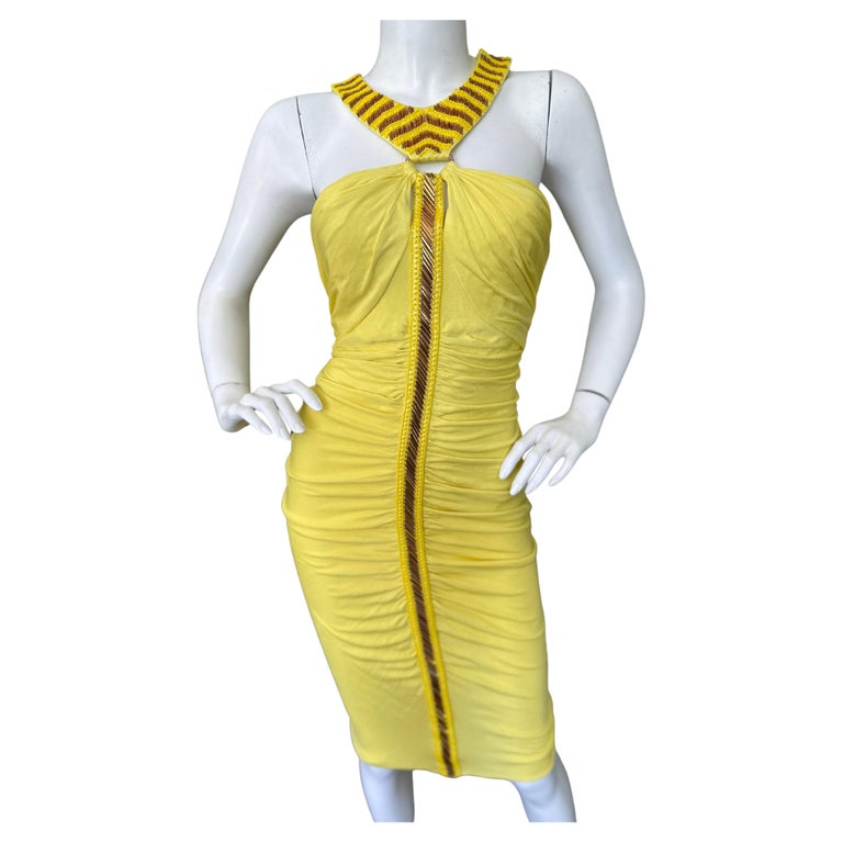 Versace Vintage Lemon Yellow Ruched Dress with Bugle Bead Details For ...