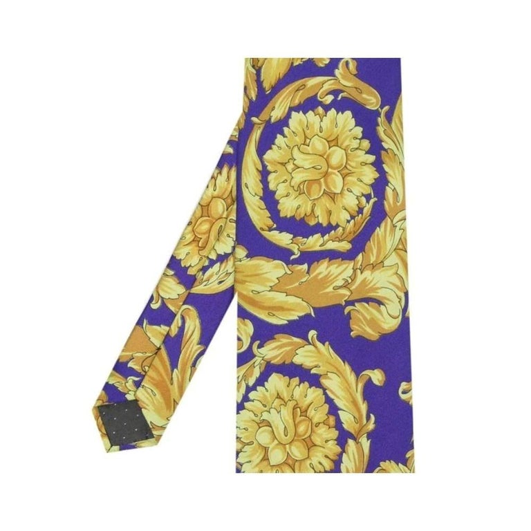 Versace Vintage purple silk 90s tie with baroque yellow pattern For ...