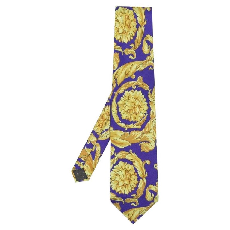 Versace Vintage purple silk 90s tie with baroque yellow pattern For ...