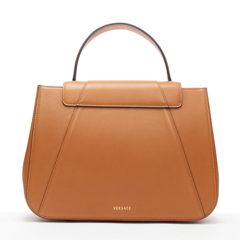 VERSACE Virtus cognac brown leather gold buckle flap top handle satchel ...