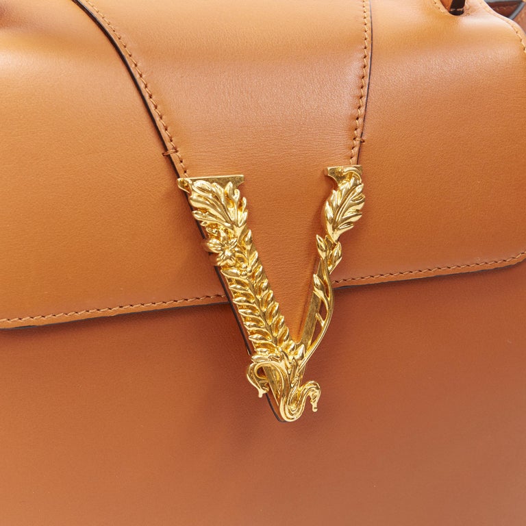 VERSACE Virtus cognac brown leather gold buckle flap top handle satchel ...