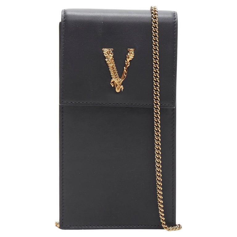 VERSACE Virtus V gold black top flap rectangular structured crossbody ...