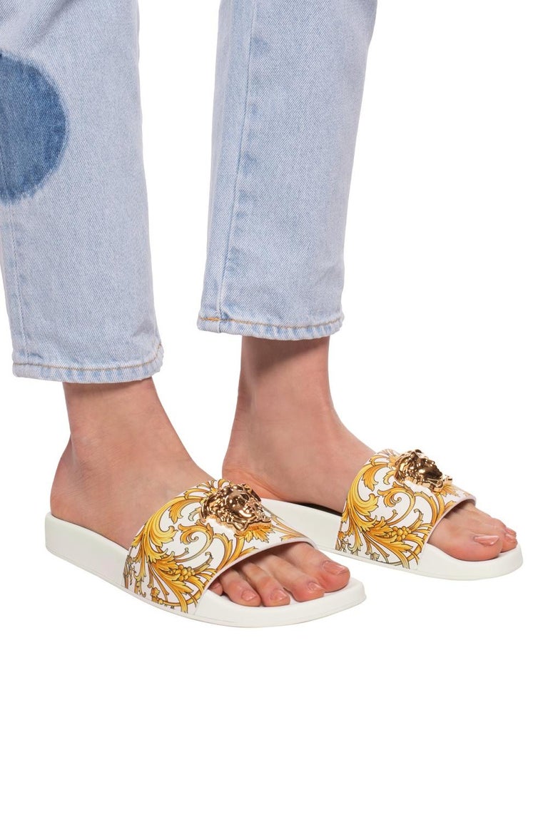 Versace White and Gold Barocco Medusa Embellished Slides Size 37.5 For ...