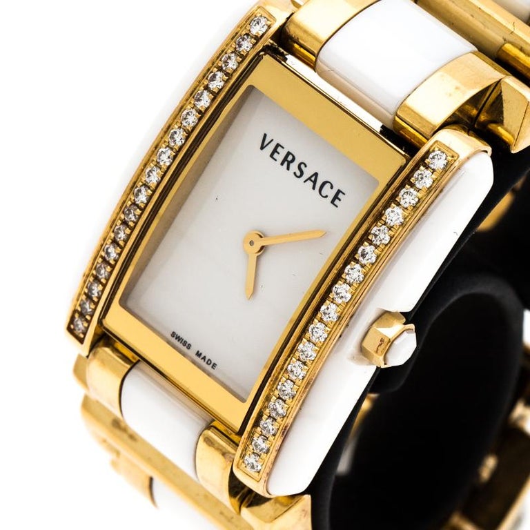 Versace White Ceramic Gold Stainless Steel Diamonds Era 70Q Wristwatch ...