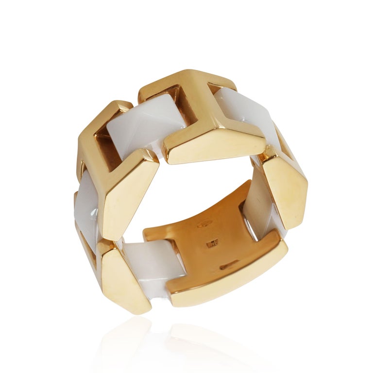 Versace White Ceramic Pyramids Flexible Ring in 18K Yellow Gold For ...