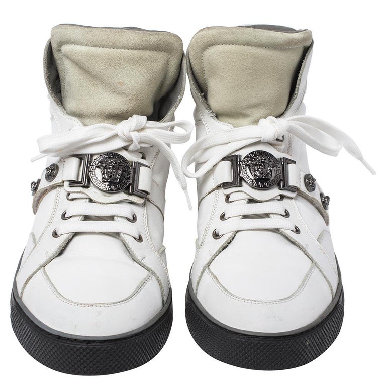 Versace White Leather Medusa High Top Sneakers Size 45 For Sale at 1stDibs