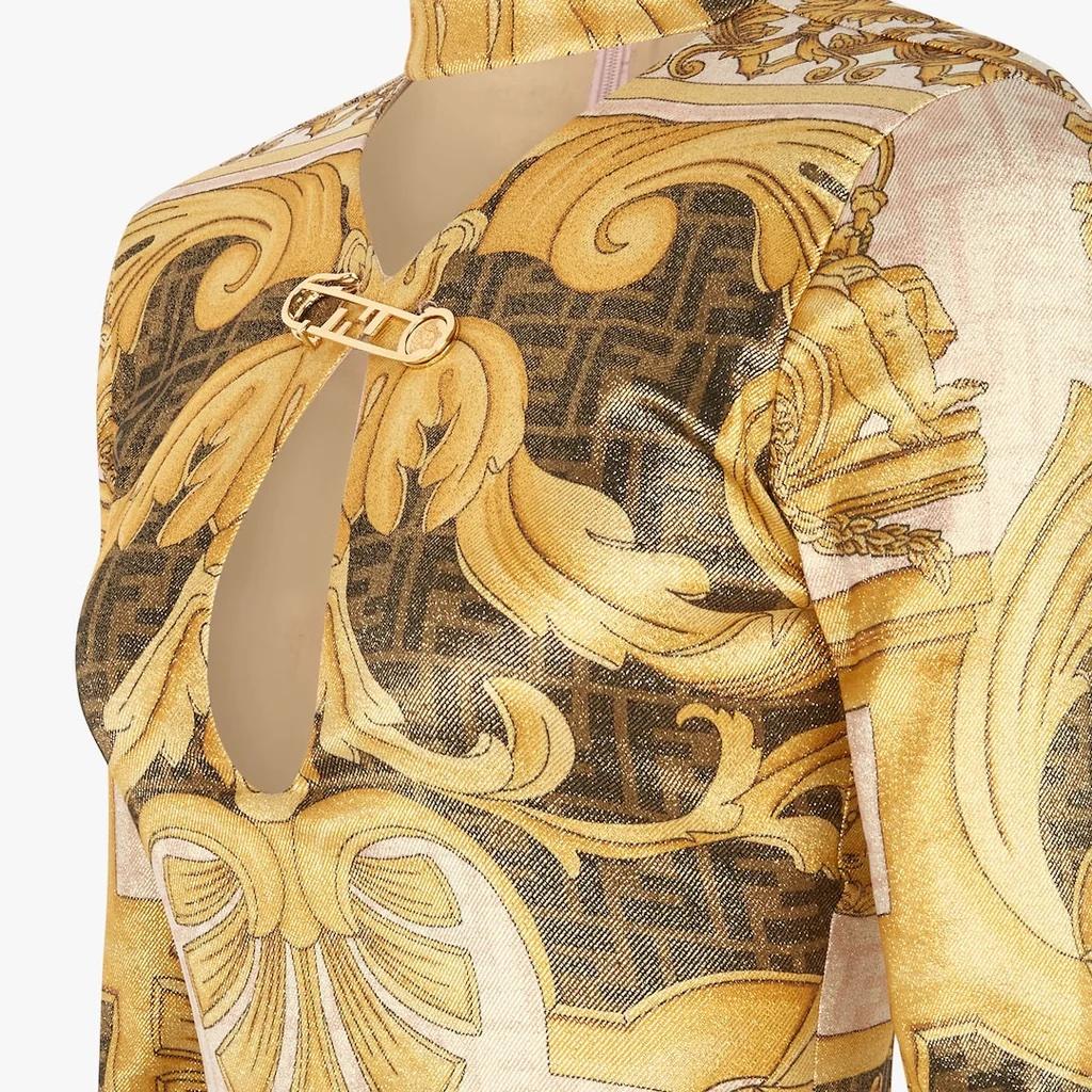 Versace X Fendi Fendace Gold Metallic Printed Keyhole Cut Out Dress SZ ...