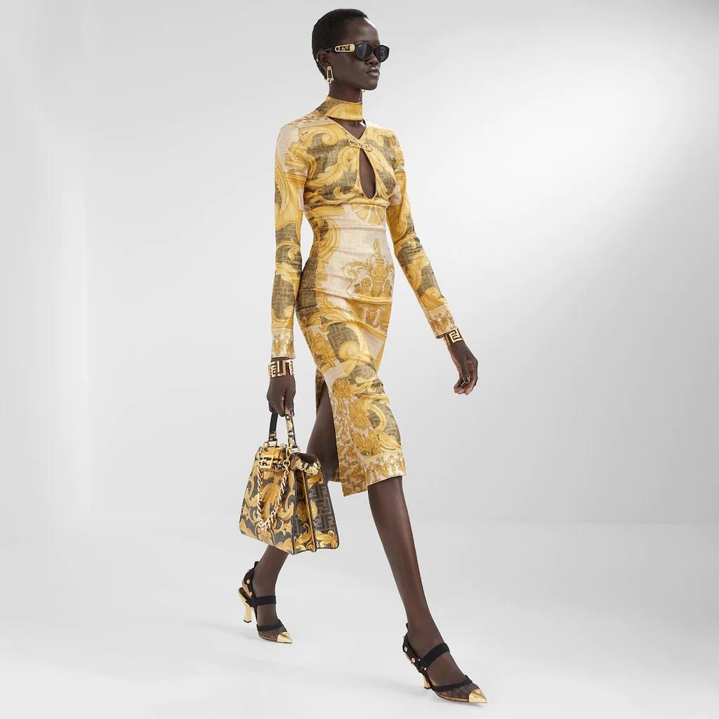 Versace X Fendi Fendace Gold Metallic Printed Keyhole Cut Out Dress SZ ...