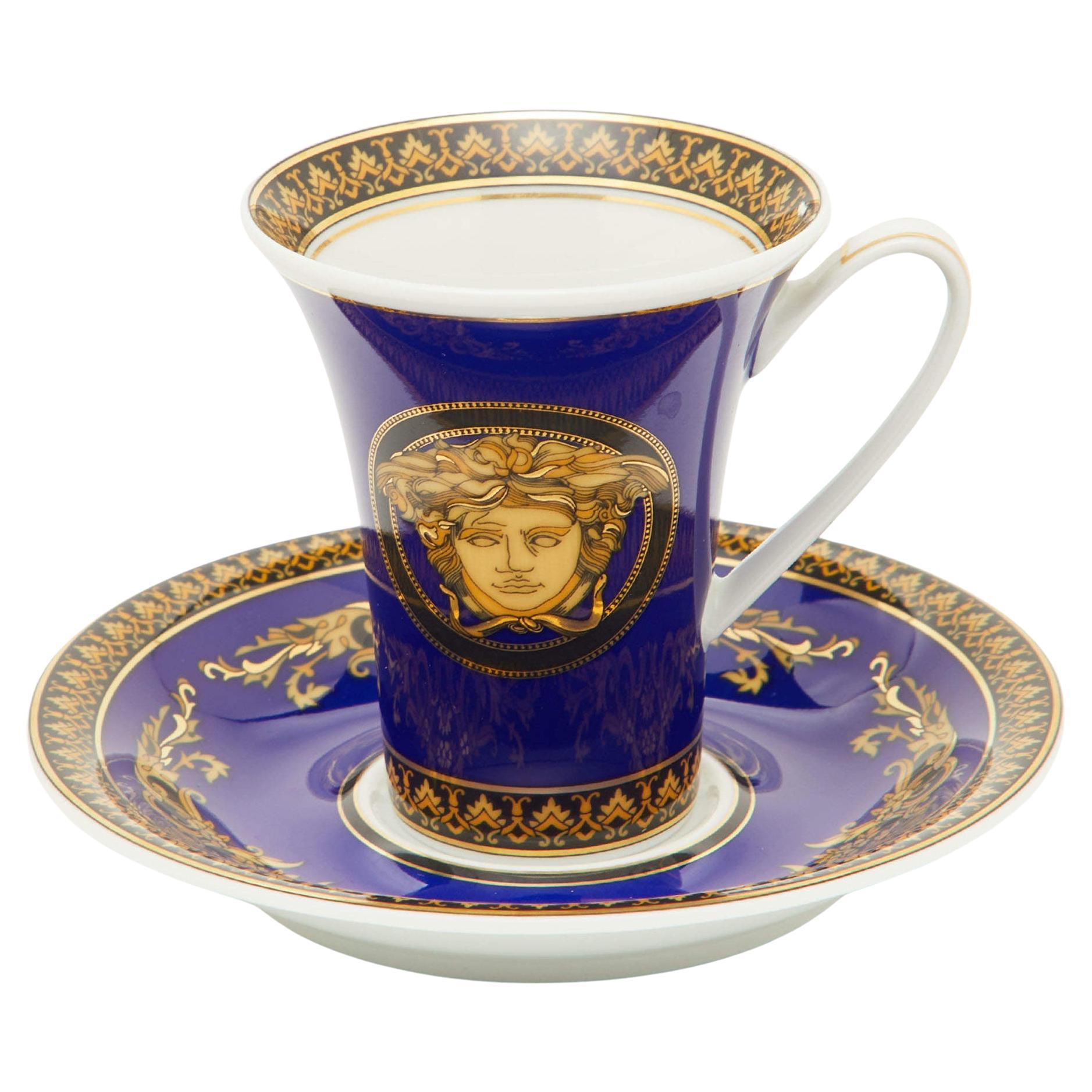 Versace x Rosenthal Blue Porcelain Medusa Tall Cup and Saucer at 1stDibs