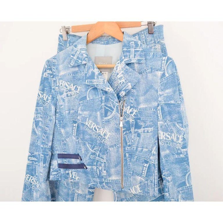 Versace Y2K Denim Print Two Piece Suit For Sale at 1stDibs