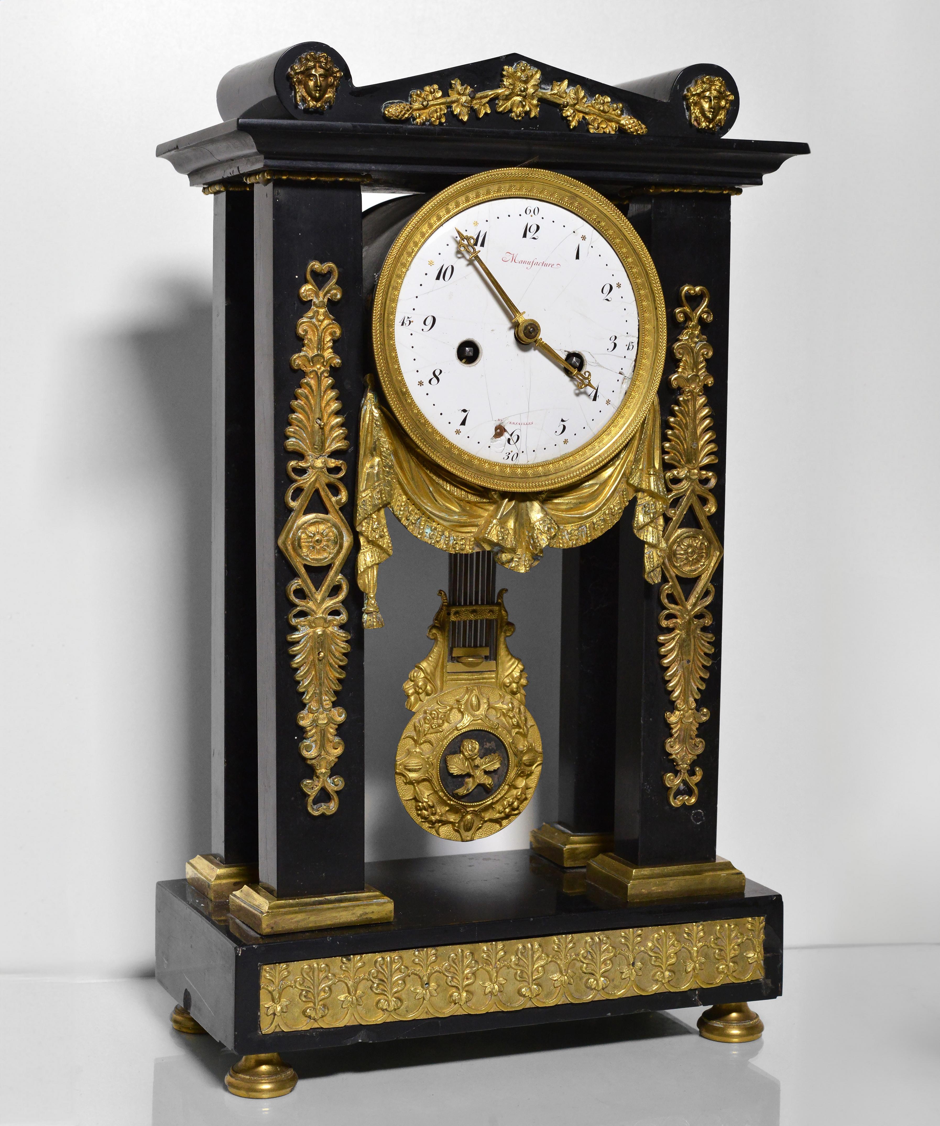 Versailles Manufacture French Portico Clock Black Stone Gilt Bronze ...