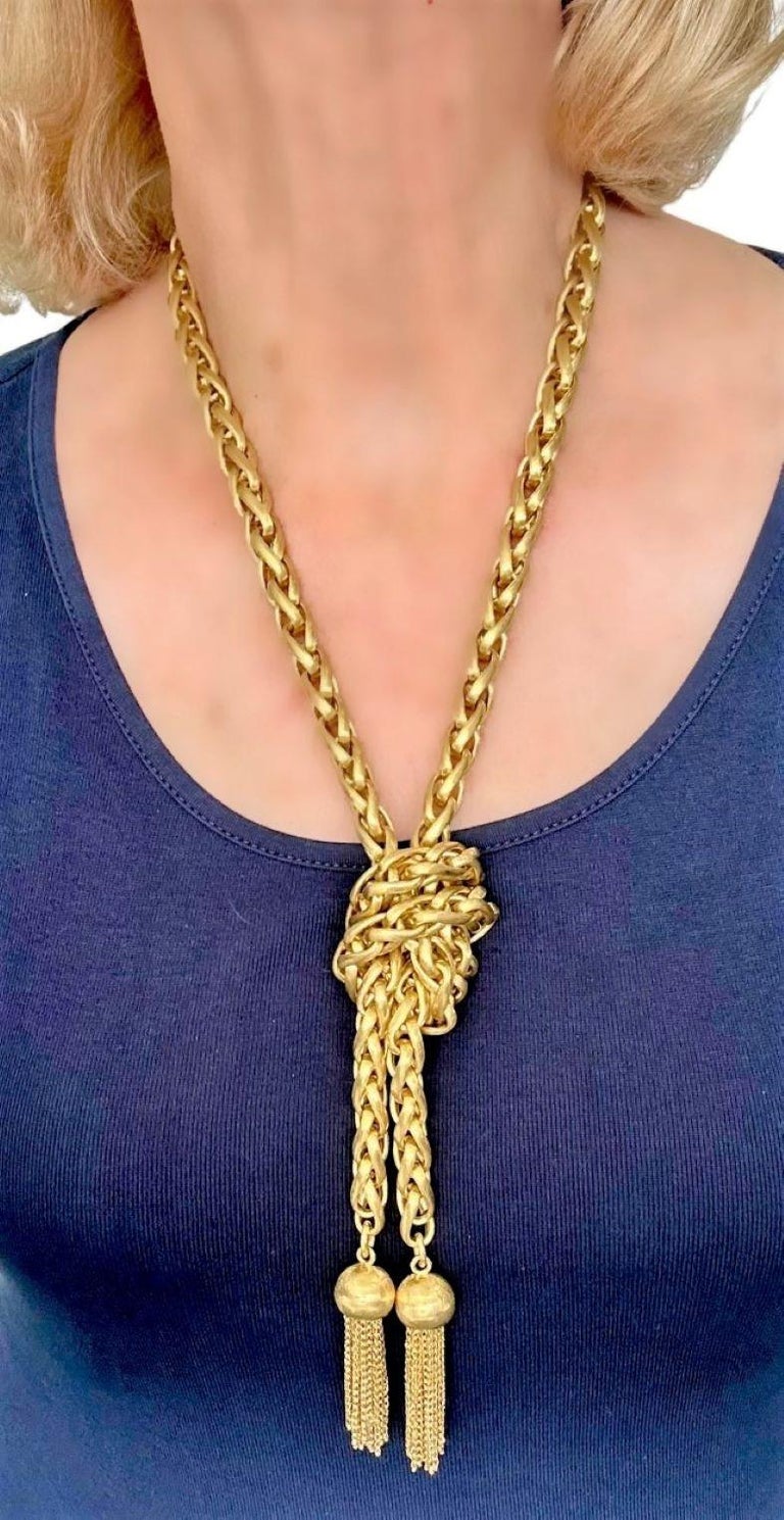 Versatile Long 18k Satin Finish Yellow Gold Lariat Necklace W/Tassels ...