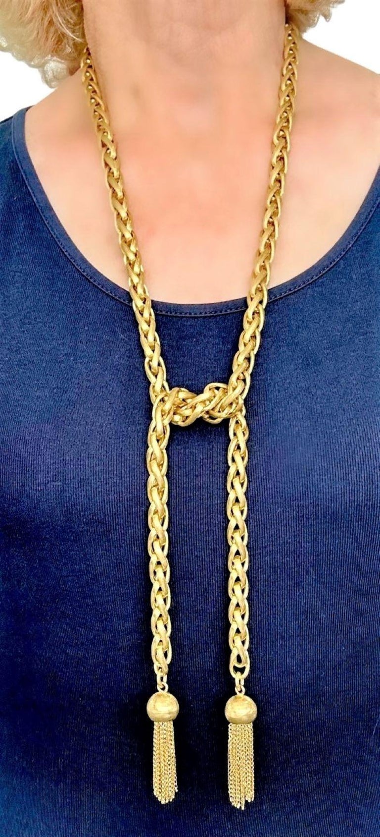 Versatile Long 18k Satin Finish Yellow Gold Lariat Necklace W/Tassels ...