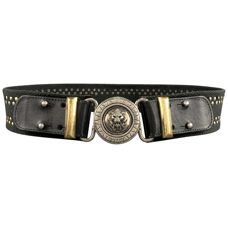 VERSUS by GIANNI VERSACE Black Studded Canvas Strap Lion Head Belt For ...