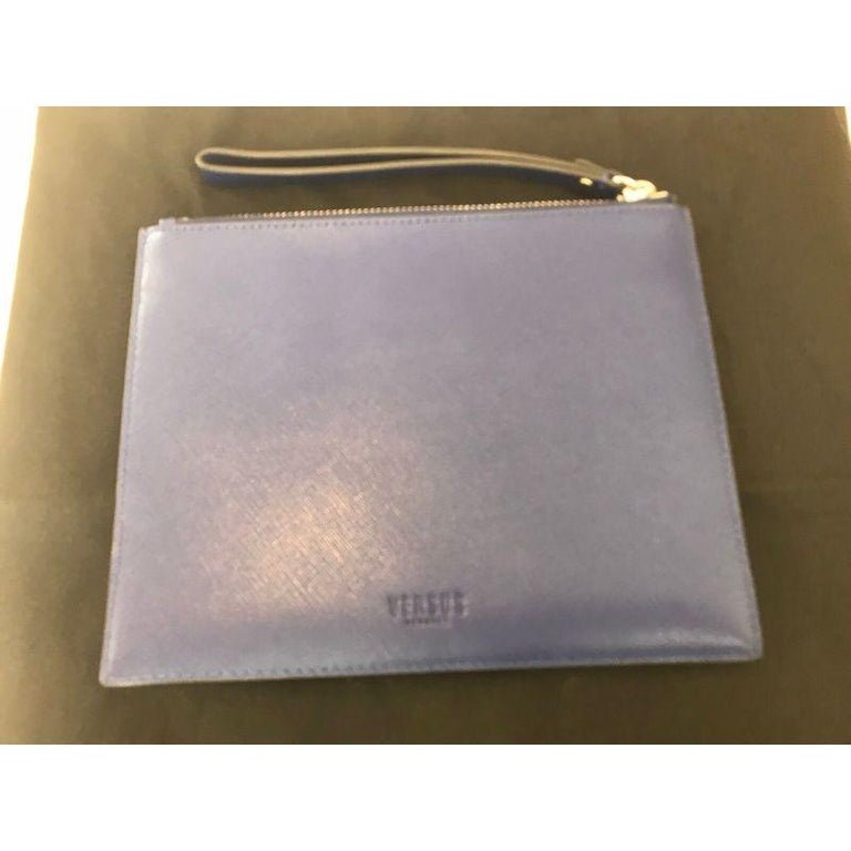 Versus Versace Blue All Over Silver Logo Embellishments Clutch Leather ...