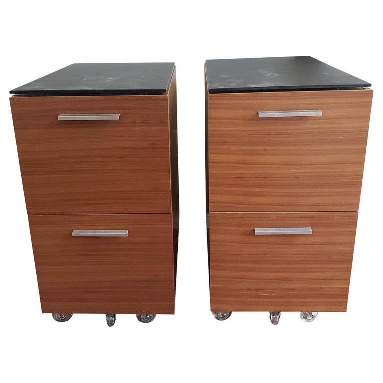 Vertical Two-Drawer Teak Mobile Filing Cabinet with Removable Glass Top ...