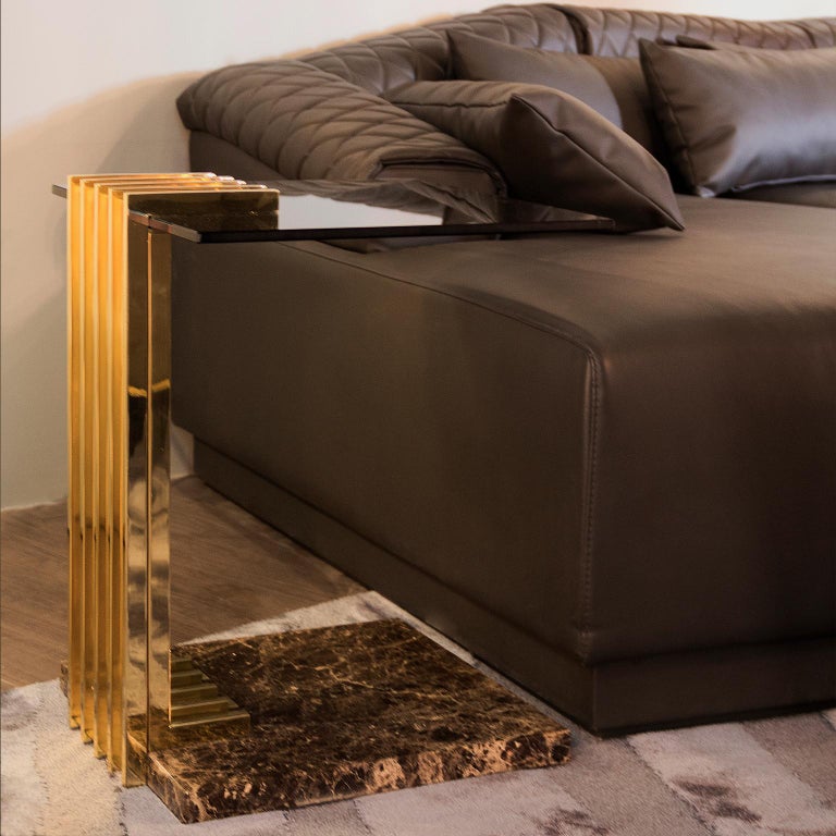 Vertigo Side Table in Polished Brass, Smoked Glass and Emperador Dark Marble For Sale at 1stDibs