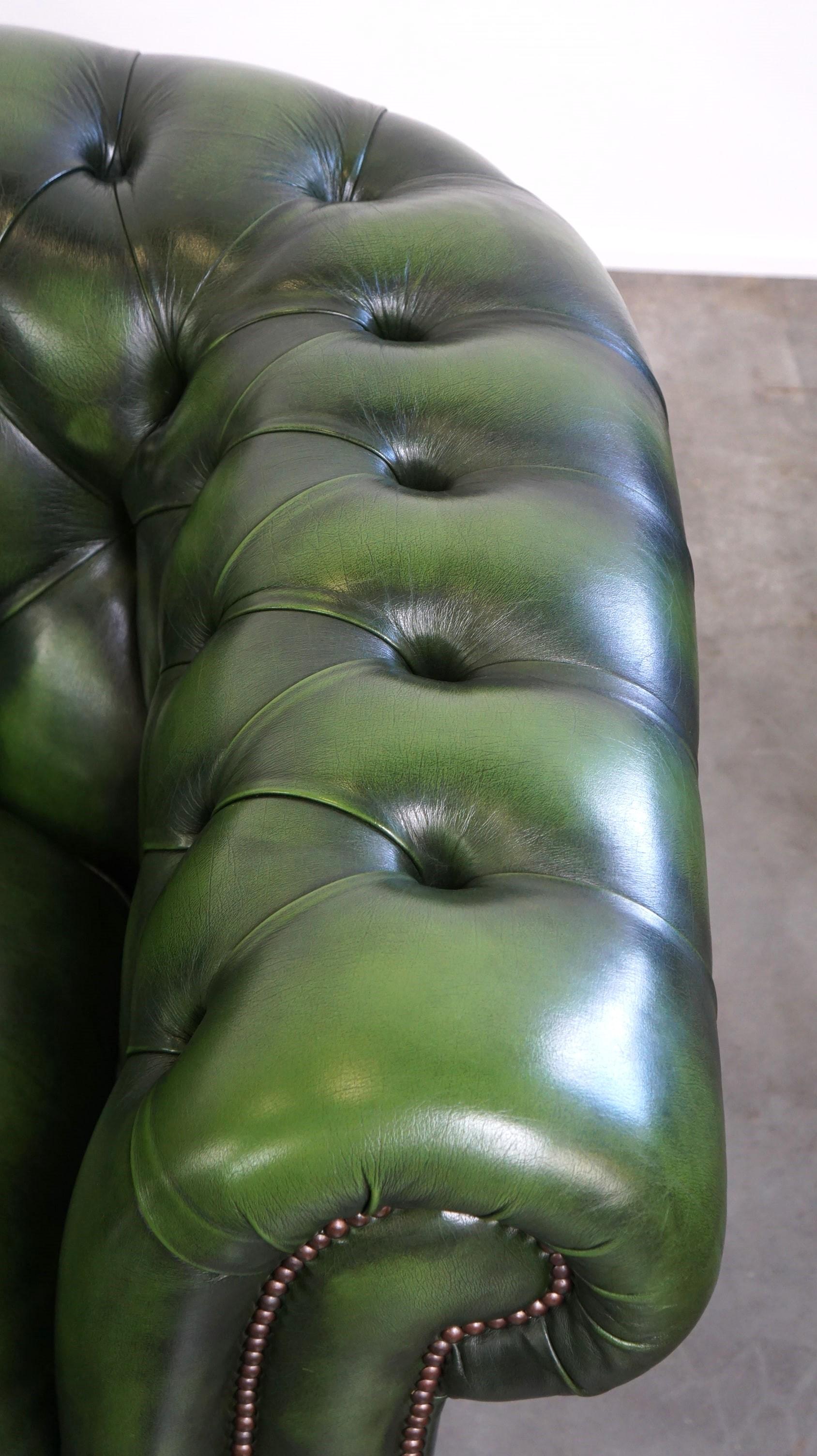 Very beautiful green leather English Springvale Chesterfield sofa, 2 ...