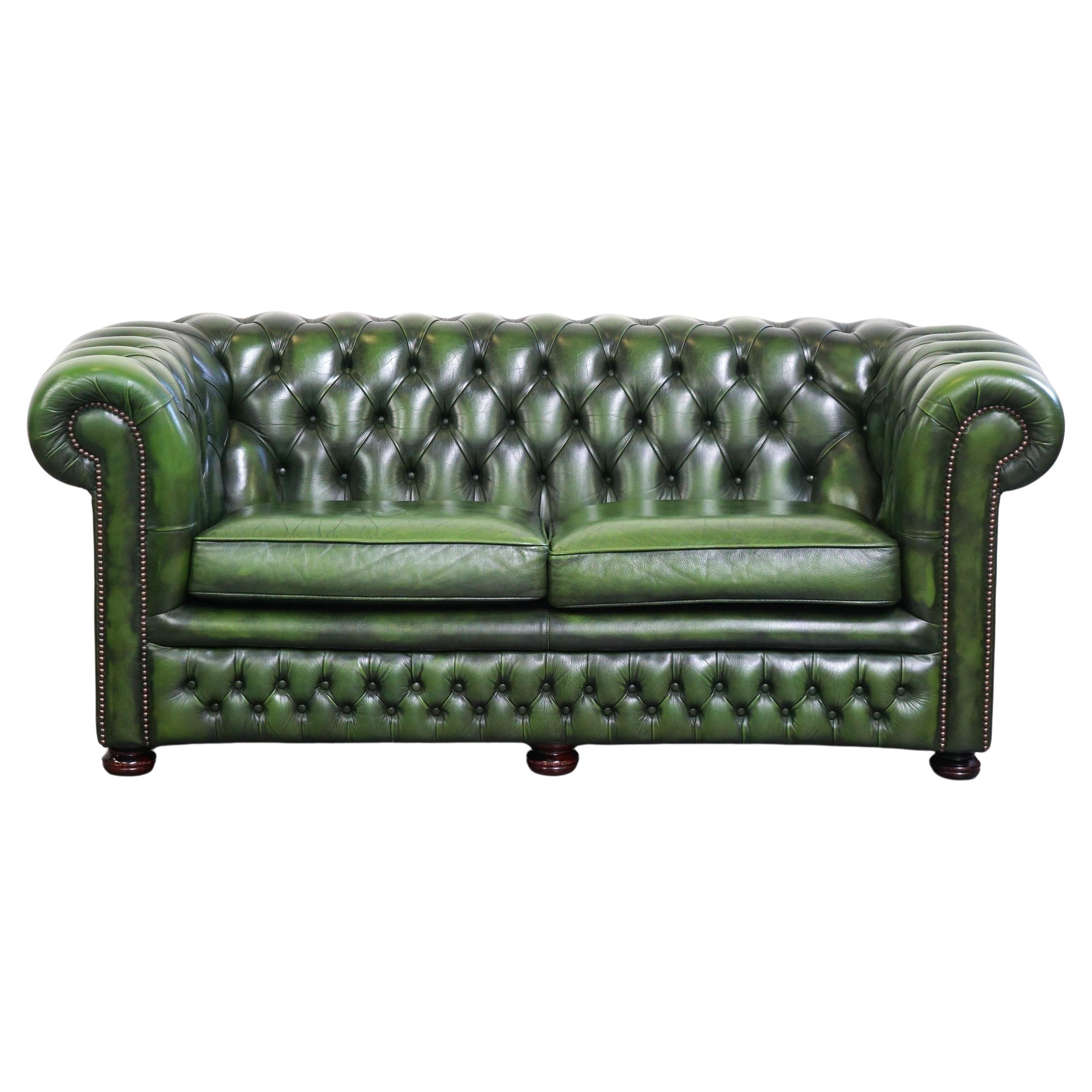 Very beautiful green leather English Springvale Chesterfield sofa, 2 ...