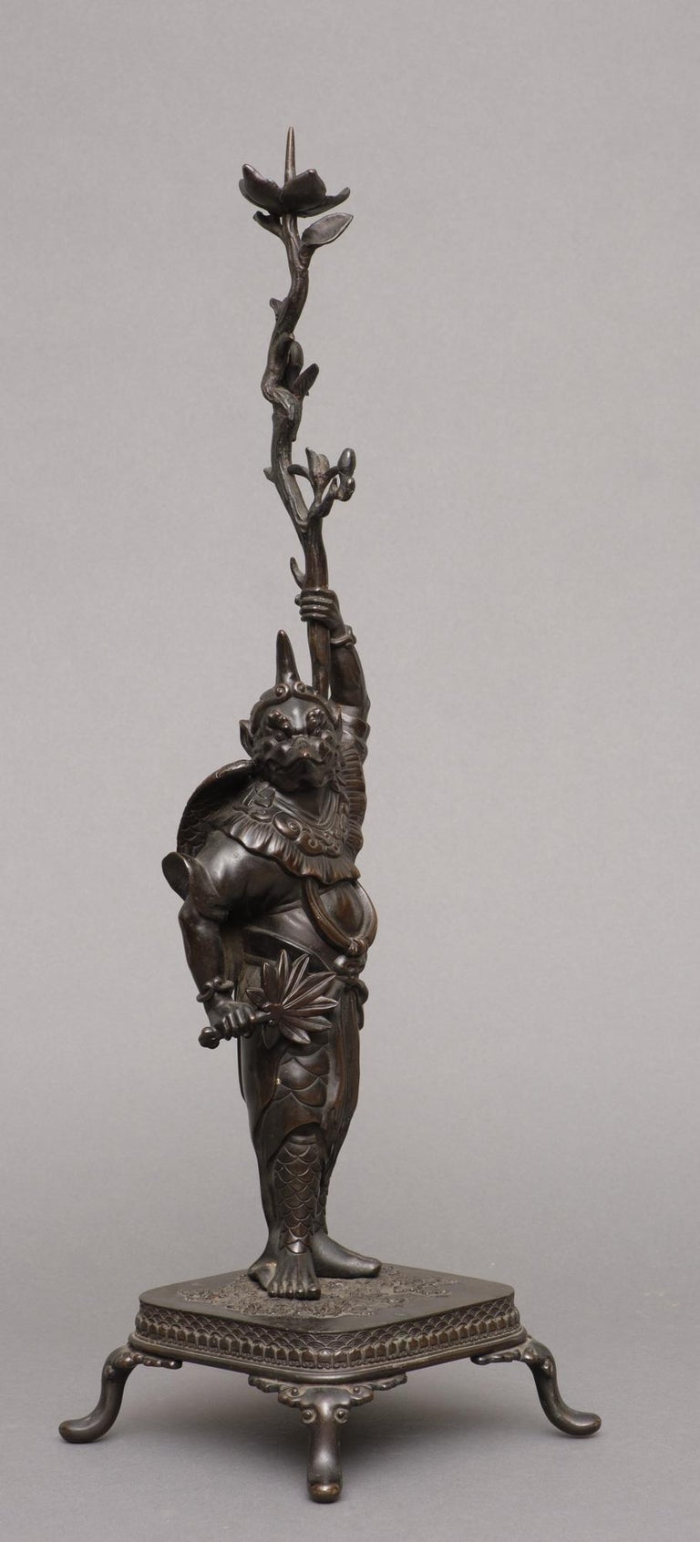 Japanese Bronze Okimono of a 'Karasu Tengu' 鴉天狗 Holding Up a Flower ...