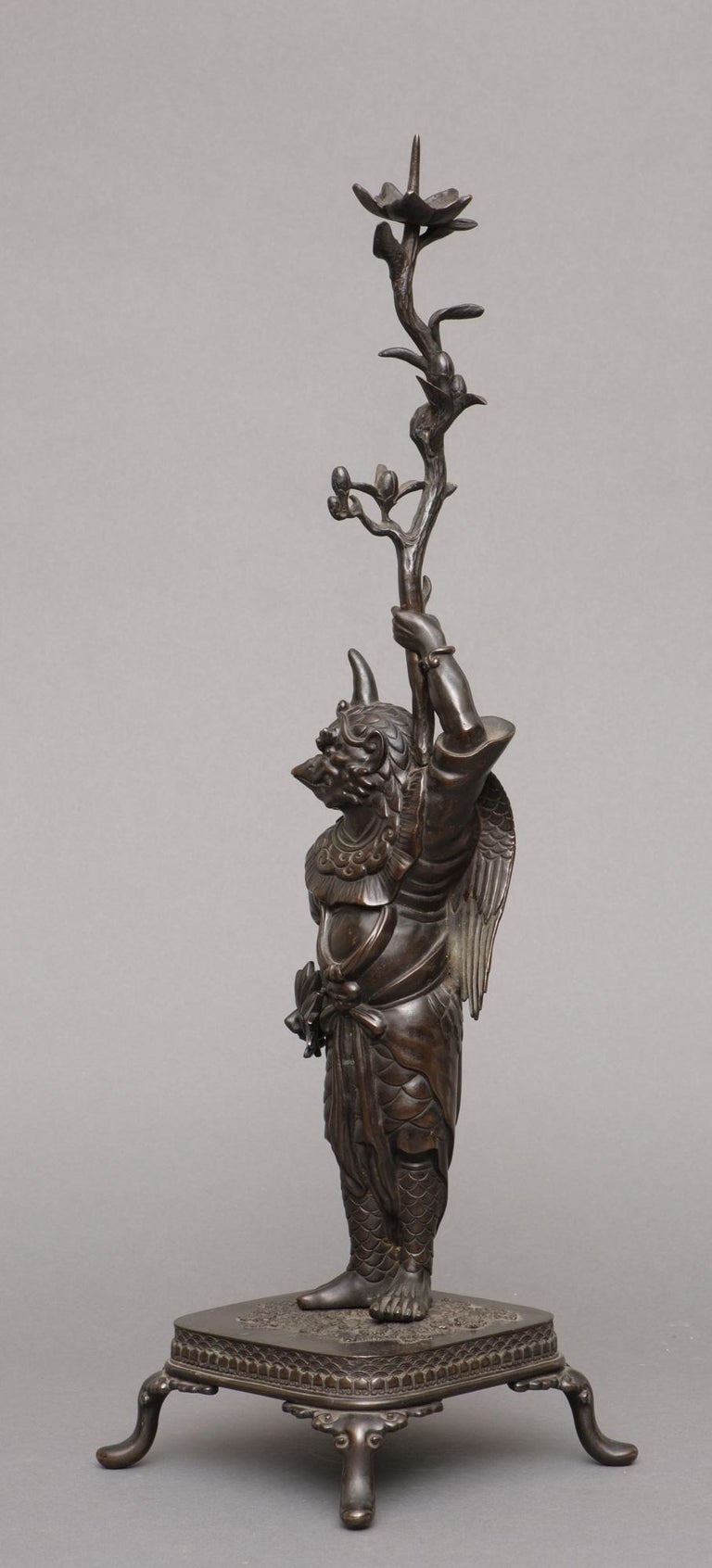 Japanese Bronze Okimono of a 'Karasu Tengu' 鴉天狗 Holding Up a Flower ...