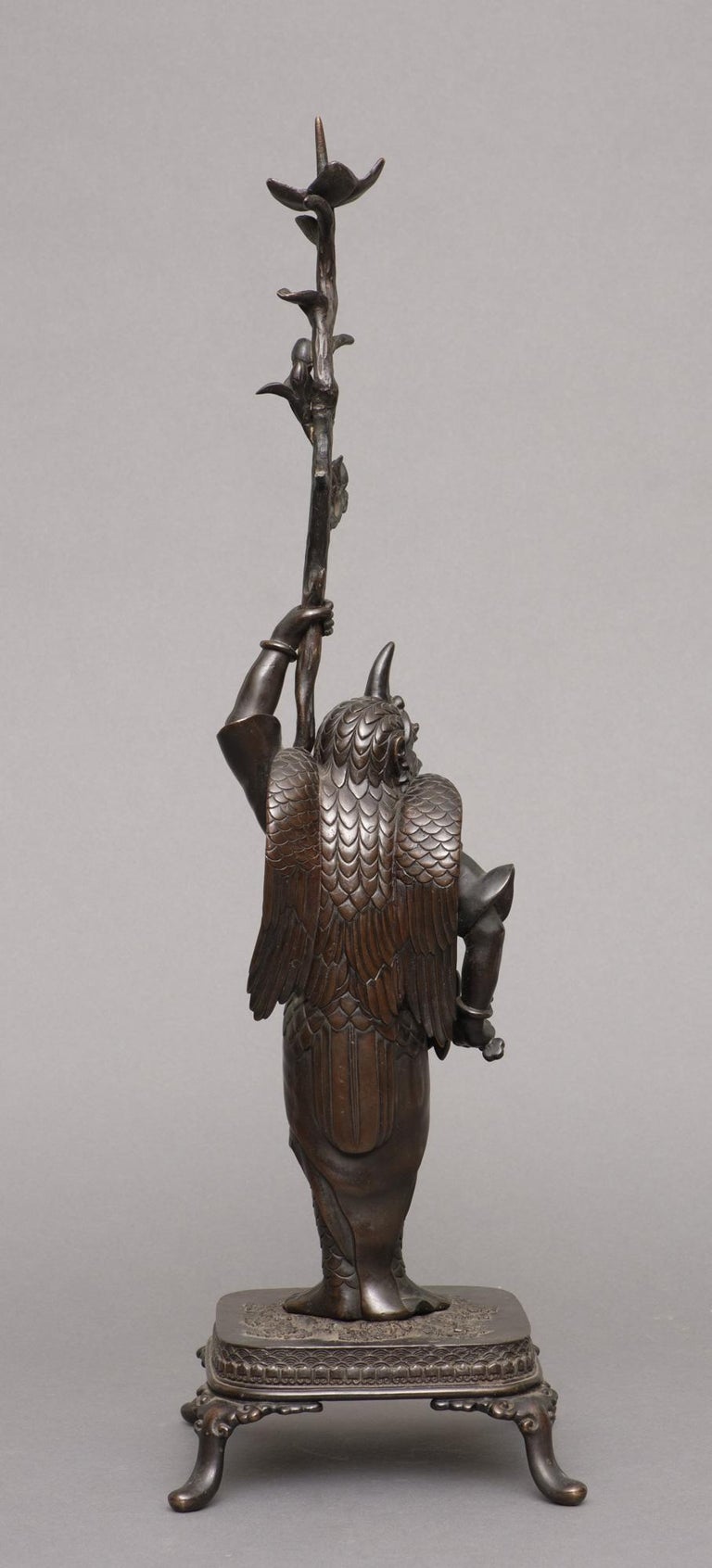 Japanese Bronze Okimono of a 'Karasu Tengu' 鴉天狗 Holding Up a Flower ...