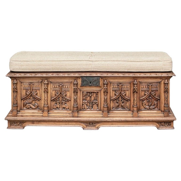 Very Fine Antique Carved Walnut Cassone As A Bench For Sale at 1stDibs